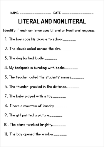Figurative Language Worksheets literal and nonliteral language ...
