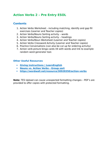 Pre-Entry ESOL Action Verbs Activities (Lesson 2) | Worksheets, Sorting ...