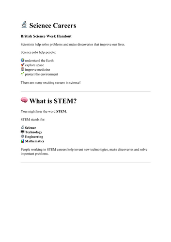 Science Careers Worksheet – STEM Jobs Activity for British Science Week ...