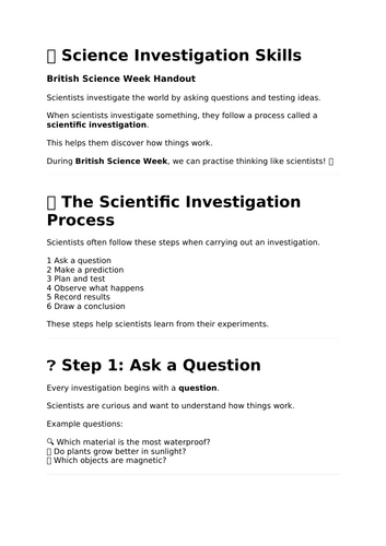 Scientific Investigation Skills Worksheet – Working Scientifically ...