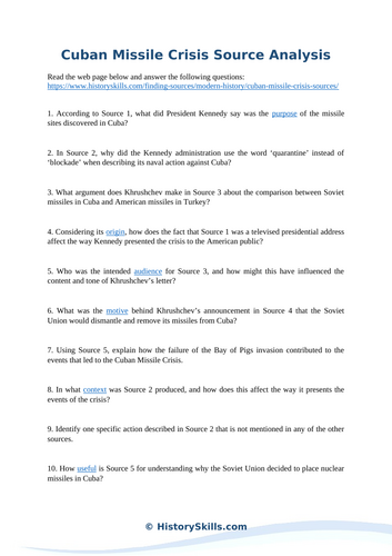 Cuban Missile Crisis Historical Source Analysis Worksheet | Teaching ...