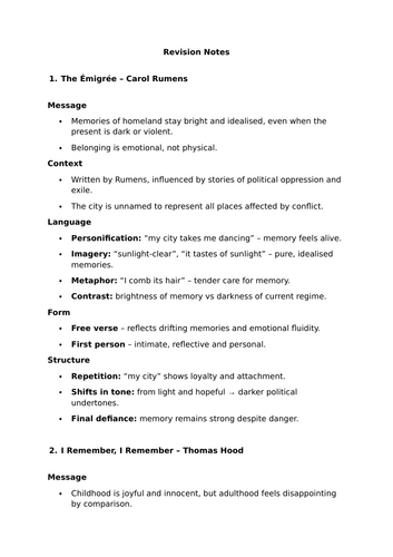 Edexcel Belonging Poetry Cluster Grid and Revision Notes | Teaching ...