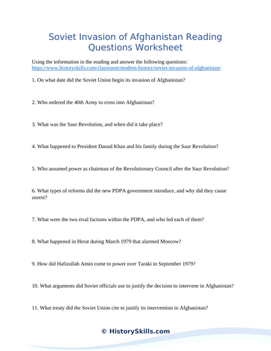 1979 Soviet Invasion of Afghanistan Reading Comprehension Worksheet ...