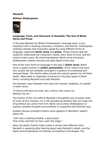 Macbeth – William Shakespeare – Use of blank verse and prose | Teaching ...