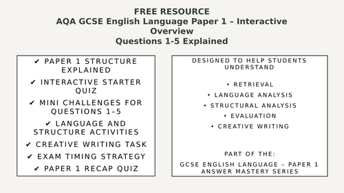 AQA GCSE English Language Paper 1 Interactive Overview Lesson (Free Q1 ...