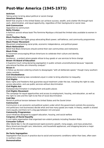 Post-War America Glossary (AQA GCSE History - 1920-1973, Opportunity ...