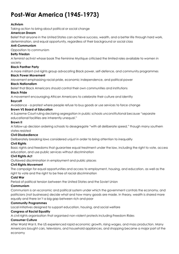 Post-War America Glossary (AQA GCSE History - 1920-1973, Opportunity ...
