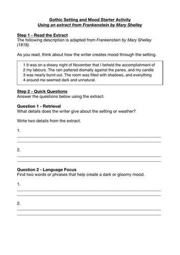 GCSE English Setting and Mood Starter – Frankenstein Extract (Free 10 ...
