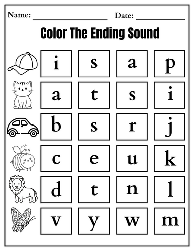 Students look at pictures and color the correct ending sound letter ...