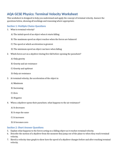 NEW WJEC (2026) GCSE Science - Weight and terminal velocity | Teaching ...