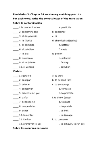 Realidades 3: Chapter 9A vocabulary matching practice | Teaching Resources