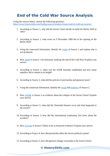 End of the Cold War Source Analysis Worksheet | Teaching Resources