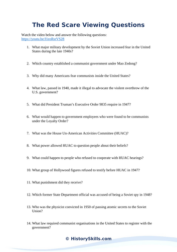 Second Red Scare in the Cold War Viewing Questions Worksheet | Teaching ...