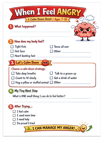 Anger Management Worksheet for Kids | Calm Down Strategy | Social ...