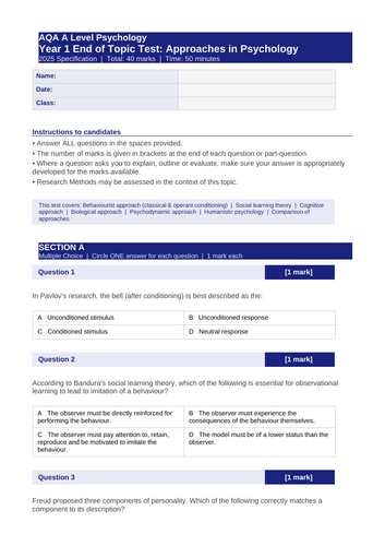 Year 1 (NEW 2025 Spec) Approaches End of Topic Test & Mark Scheme ...