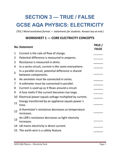 GCSE AQA Physics Electricity Topic Pack – Revision Notes, Worksheets ...