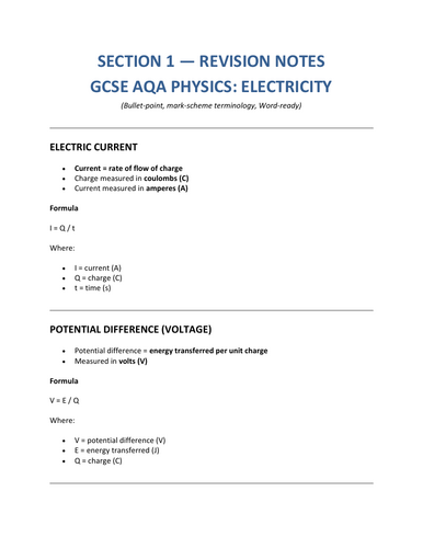 GCSE AQA Physics Electricity Topic Pack – Revision Notes, Worksheets ...