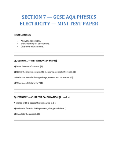 GCSE AQA Physics Electricity Topic Pack – Revision Notes, Worksheets ...