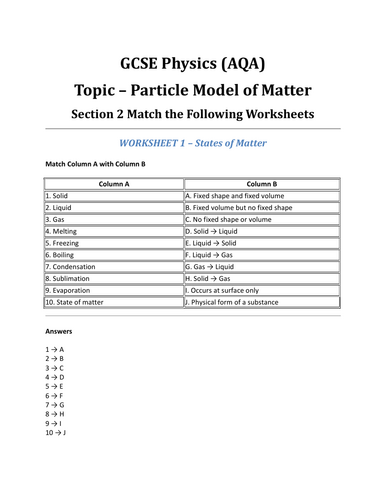 GCSE AQA Physics Particle Model Topic Pack – Revision, Worksheets ...