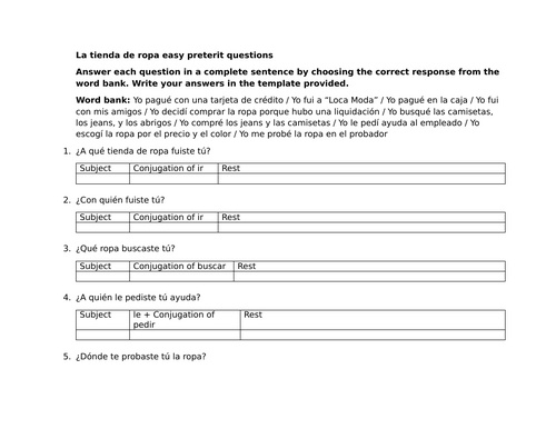 La tienda de ropa easy preterit questions | Teaching Resources
