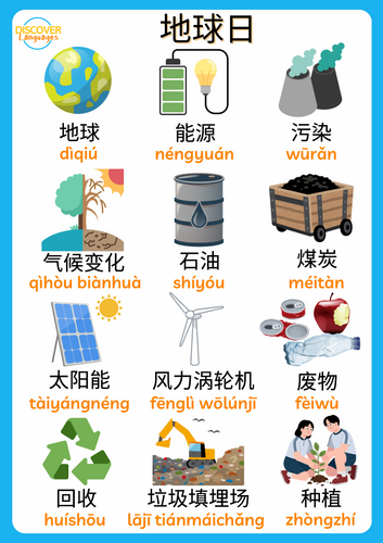 Mandarin Chinese 地球日 Earth Day Vocabulary Poster Worksheet Wordsearch ...