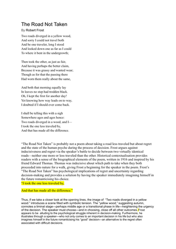 "THE ROAD NOT TAKEN" ROBERT FROST: A LEVEL analysis | Teaching Resources