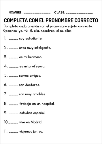 Spanish Subject Pronouns - Pronombres personales - Grammar Worksheets ...