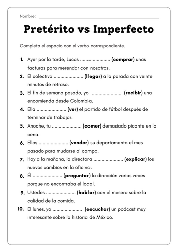Spanish Preterite vs Imperfect Worksheet | Pretérito vs Imperfecto ...