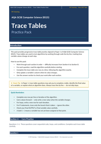 AQA GCSE Computer Science (8525) Trace Tables Practice Pack | Paper 1 ...