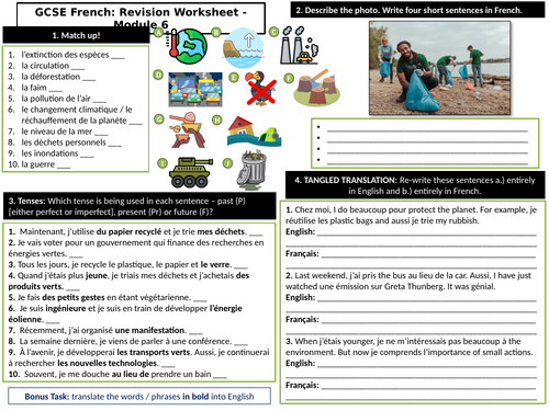 New GCSE French (2026) Revision Worksheet - Module 6 Notre planète ...