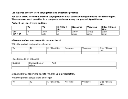 Los lugares preterit verb conjugation and questions practice | Teaching ...