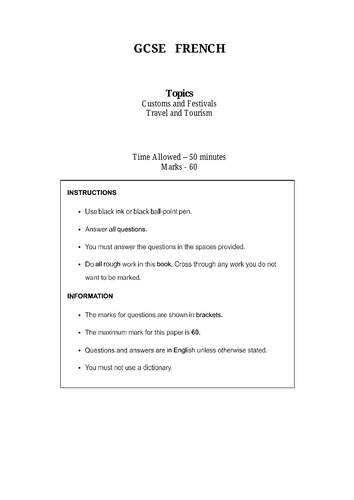 GCSE FRENCH -Travel & Tourism, Customs & Festival | Teaching Resources