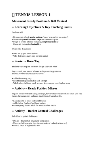 Tennis Unit of Work – 10 Lessons Large Classes Non-Specialist Friendly ...