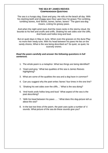The Sea by James Reeves. - Comprehension Questions | Teaching Resources