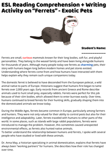 ESL Reading Comprehension + Writing Activity Worksheets - Ferrets ...