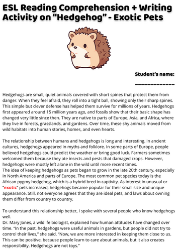 ESL Reading Comprehension + Writing Activity Worksheets - Hedgehog ...