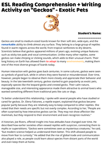 ESL Reading Comprehension + Writing Activity Worksheets on Geckos ...