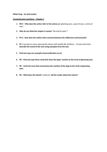 White Fang Comprehension Chapter 1 | Teaching Resources