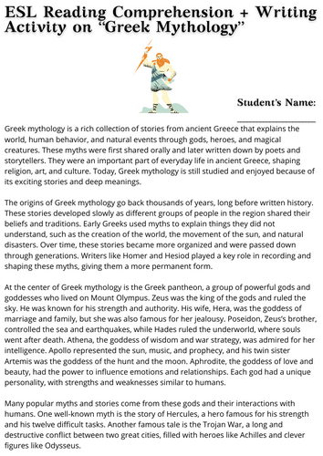 ESL Reading Comprehension + Writing Activity Worksheets on Greek ...