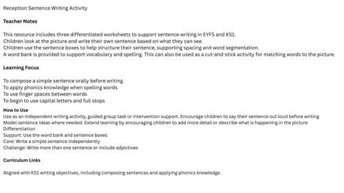 Reception Sentence Writing Activities – Themed Writing Pack (CVC+ ...