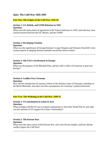 Quiz: AQA A Level History 2R: The Cold War 1945-1991 | Teaching Resources