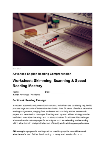 High-Level English Reading Worksheets | Skimming, Scanning & Speed ...