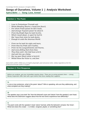 'Song: Love, Armed' — IGCSE Literature Worksheet | Cambridge 0992 ...