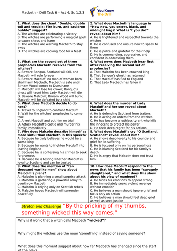 Macbeth Quizzes (Bundle - starters multiple choice and challenge ...