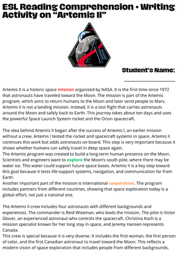 ESL Reading Comprehension + Writing Activity Worksheets - Artemis II ...