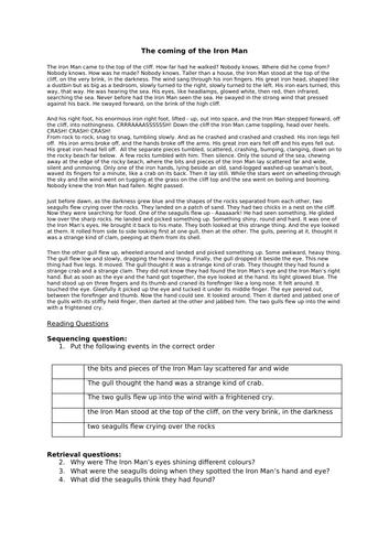 Reading comprehensions based on The Iron Man by Ted Hughes | Teaching ...