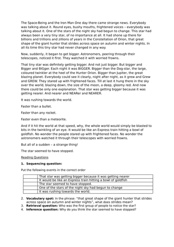 Reading comprehensions based on The Iron Man by Ted Hughes | Teaching ...