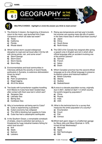 GEOGRAPHY IN THE NEWS weekly quiz - 6 April 2026 | Teaching Resources