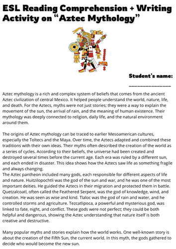 ESL Reading Comprehension + Writing Activity Worksheets on Aztec ...