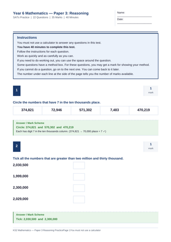 Year 6 Reasoning Questions SATs style with answers | Teaching Resources